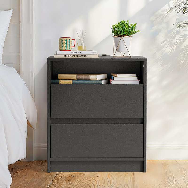 Petron Modern 2 Drawer Nightstand Contemporary Bedside Table with USB Open Shelf and Ample Storage for Bedroom Living Room Office Small Space Black 1